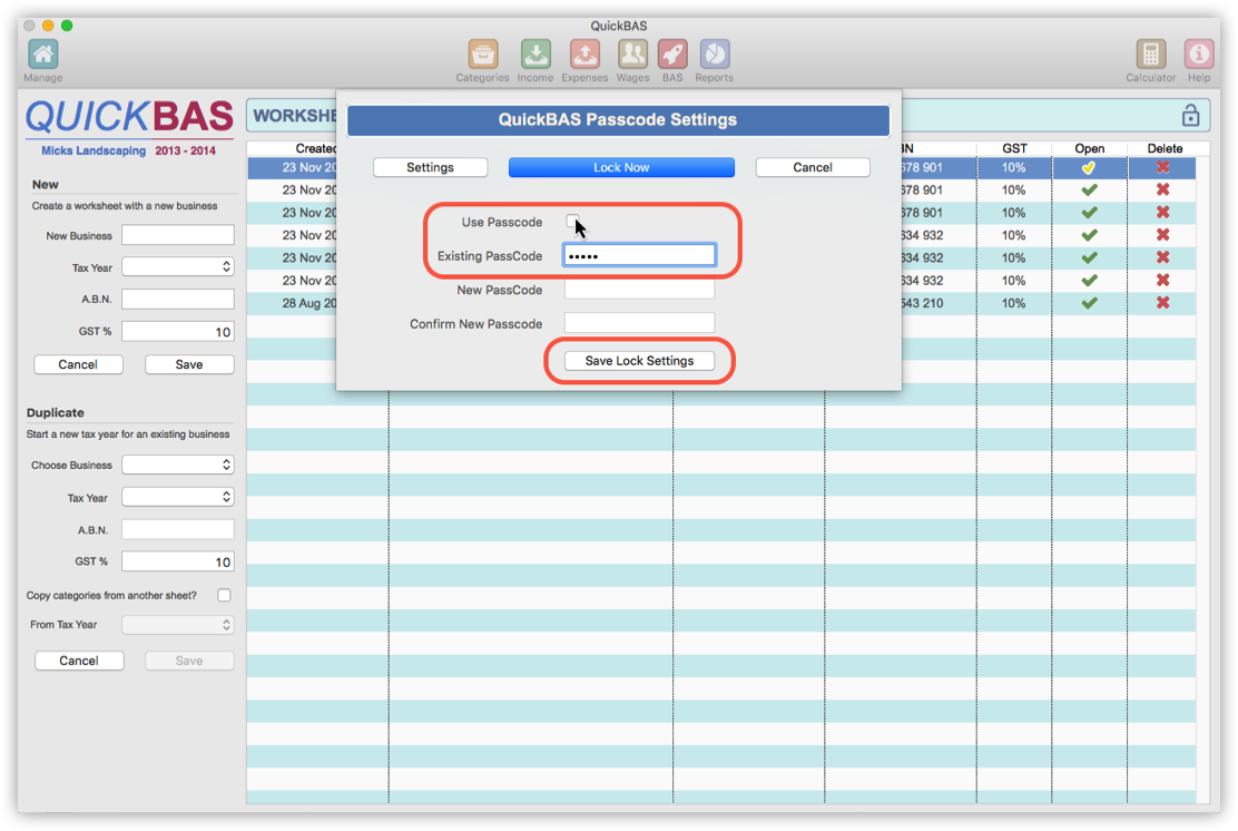 QuickBAS User Guide - Security Passcode Option